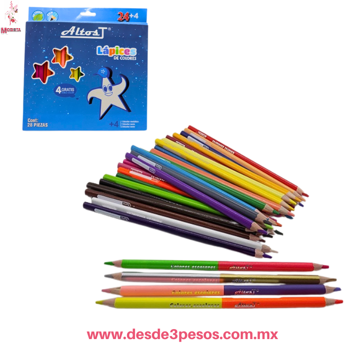 Caja con 28 COLORES Escolares AltosT 1 bicolor metalico 3 bicolor neon ...
